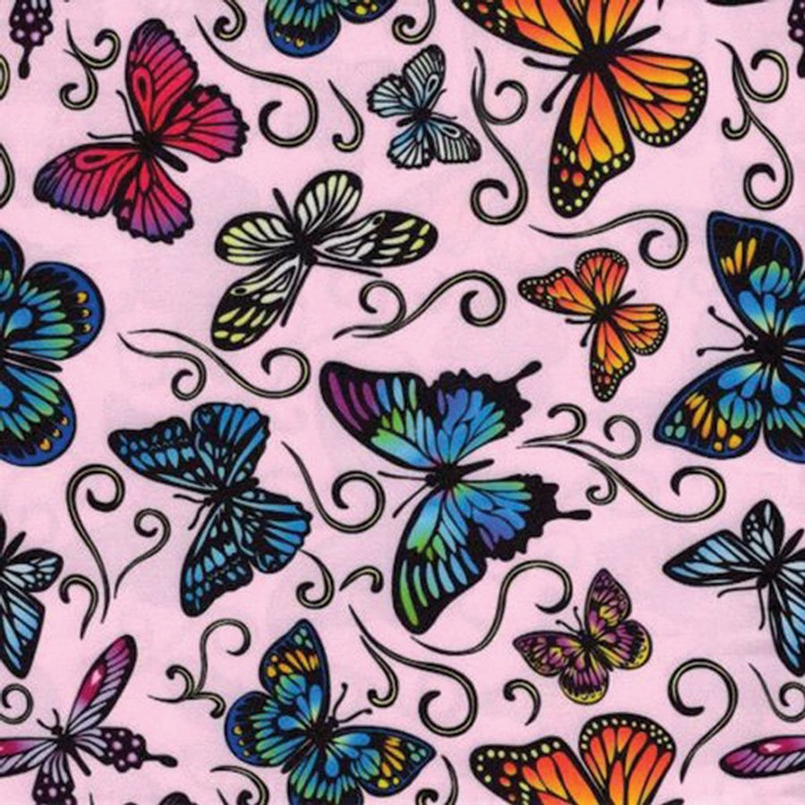 Satin Fabric (Butterflies) - Pink